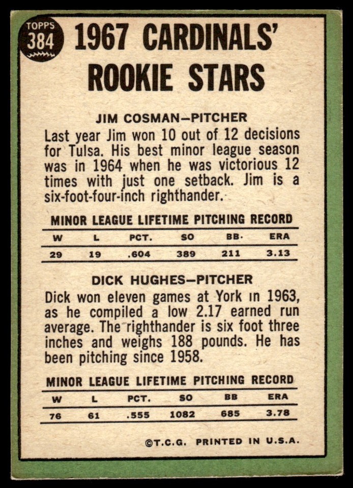 1967 Topps Cards 1967 Rookie Stars-Jim Cosman/Dick Hughes St. Louis ...