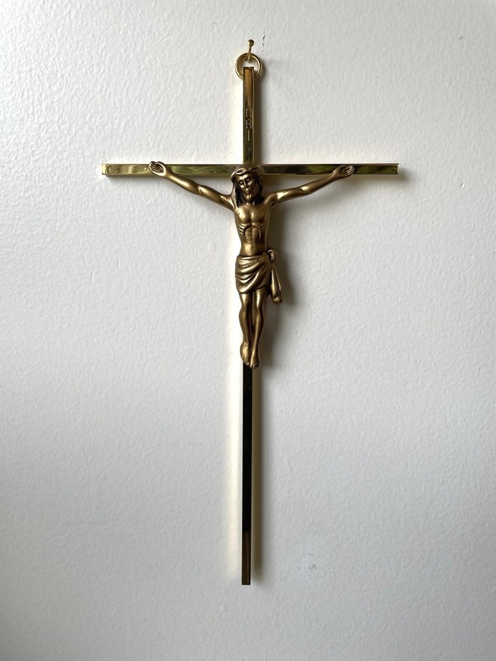 vintage crucifix 10x5” brass cross with gold-painted metal Jesus INRI ...