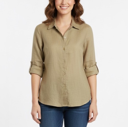 Vintage 90s Taxi Deep Tan Linen Roll Tab Sleeve Shaped Button Up Shirt ...