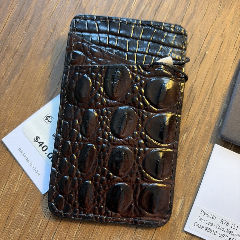 Brahmin Card Case Cocoa Brown Melbourne Croc-Embossed Genuine Leather ...