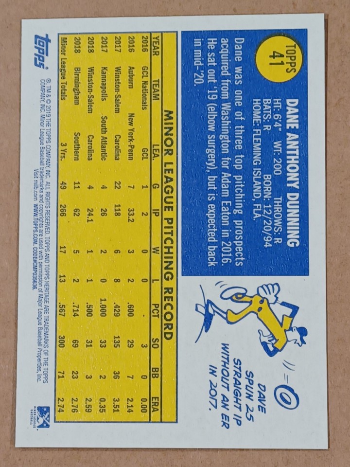 2019 Topps Heritage Minors League Dane Dunning Rookie Prospect #41 ...
