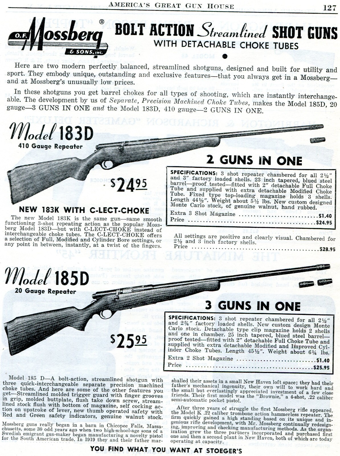 1954 Print Ad of Mossberg Model 183D & 185D Bolt Action Shotgun w C ...