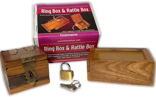 WOODEN RING & RATTLE BOX Combo Set Magic Trick Coin Vanishing Appearing ...