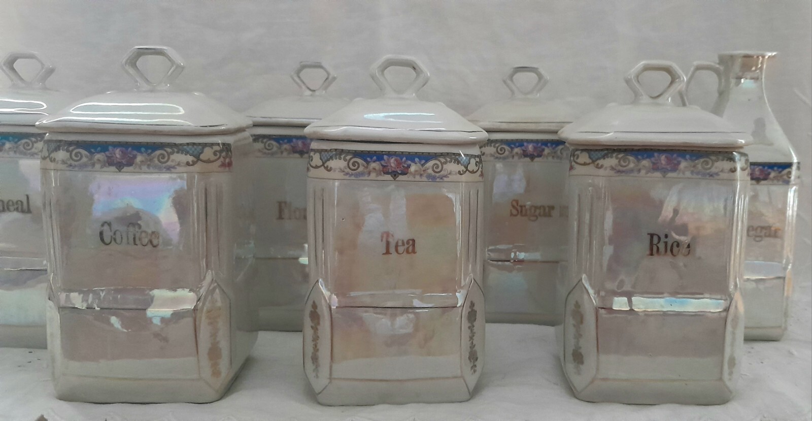 Antique Vtg White Block Germany Lusterware Iridescent Kitchen Canister ...