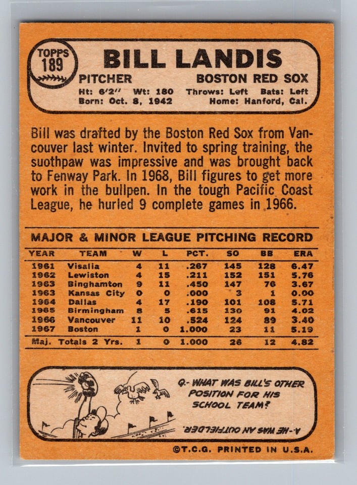 1968 Topps Bill Landis #189 - Boston Red Sox - EX to NEAR MINT | eBay