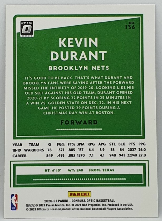 2020-21 Donruss Optic Kevin Durant Base Card | eBay