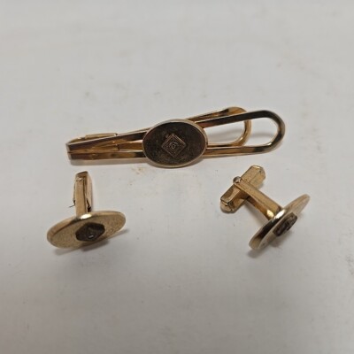 Anson Gold Tone Cuff Links & Tie Bar Set Rhinestone Vintage Retro Men's ...