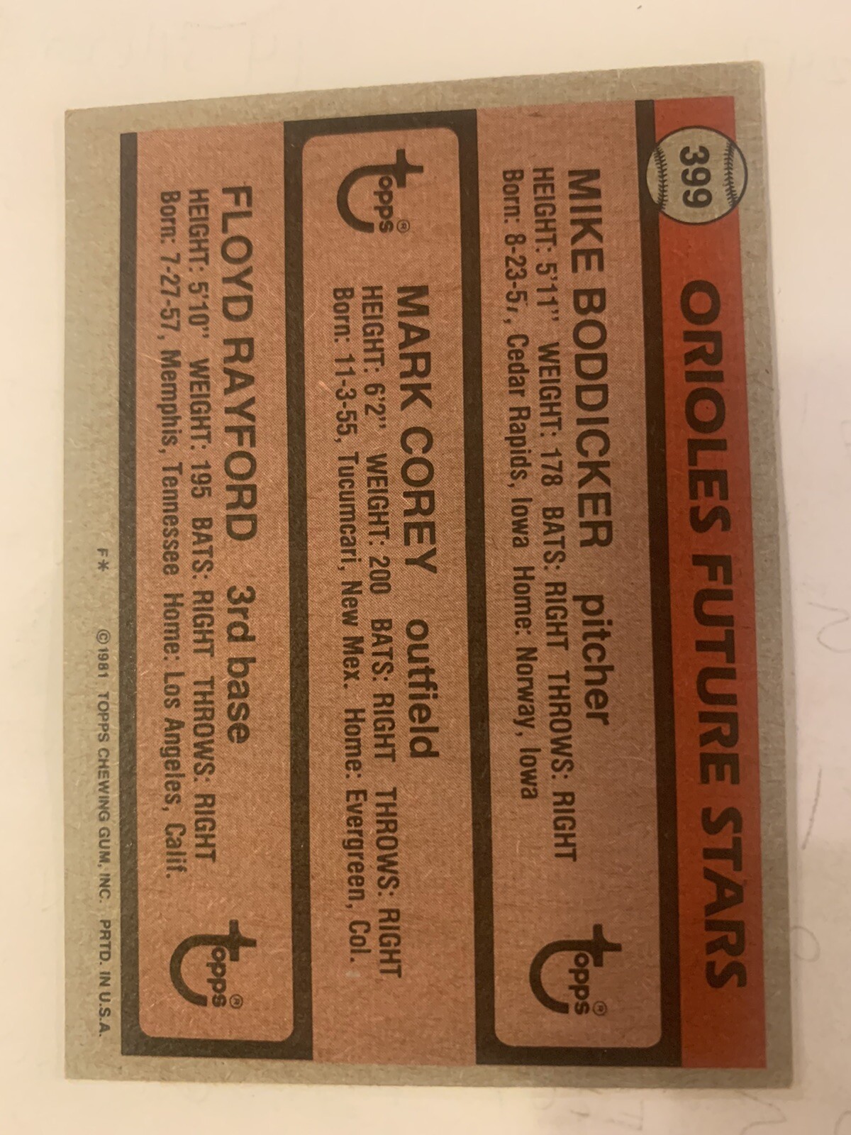 1981 Topps - Future Stars #399 Mike Boddicker, Mark Corey, Floyd ...