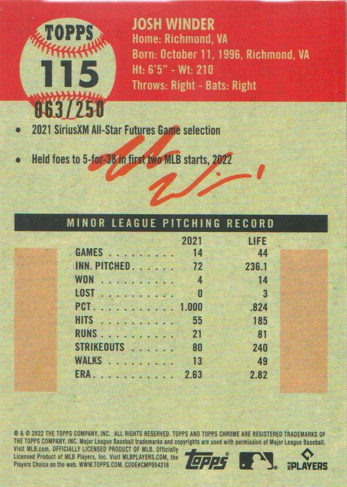 2022 Topps Chrome Platinum Anv. Baseball Yellow RayWave #115 Josh ...