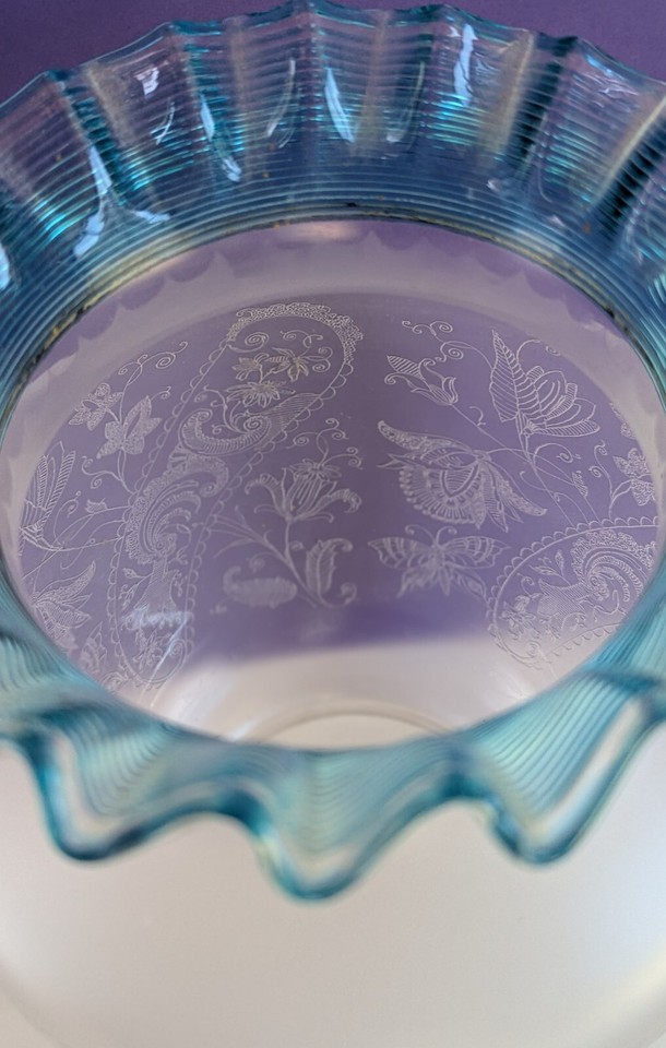 Victorian Butterfly Etched Glass Oil Lamp Shade Threaded Blue Top 3.5 ...