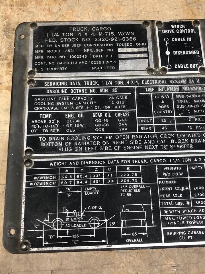 JEEP M715 ORIGINAL DATA PLATE | eBay