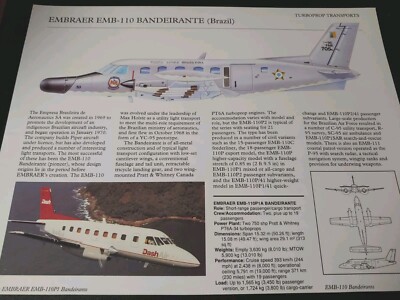 Embraer EMB 110 Bandeirante Picture Out of Print Article Spec Sheet ...