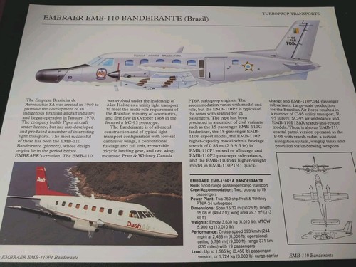 Embraer EMB 110 Bandeirante Picture Out of Print Article Spec Sheet ...