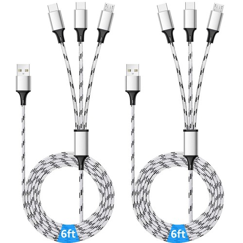 Multi Charger Cable, 6ft 2Pack Braided Multiple USB Cable Universal 3 ...
