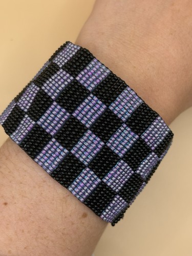 Handmade Beaded Cuff Bracelet – Black & Purple Checkerboard Pattern ...