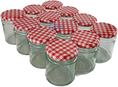 Pack 12/ 24 Jam Jars Glass Paneled Round Jam Jars + Red Gingham Lids ...