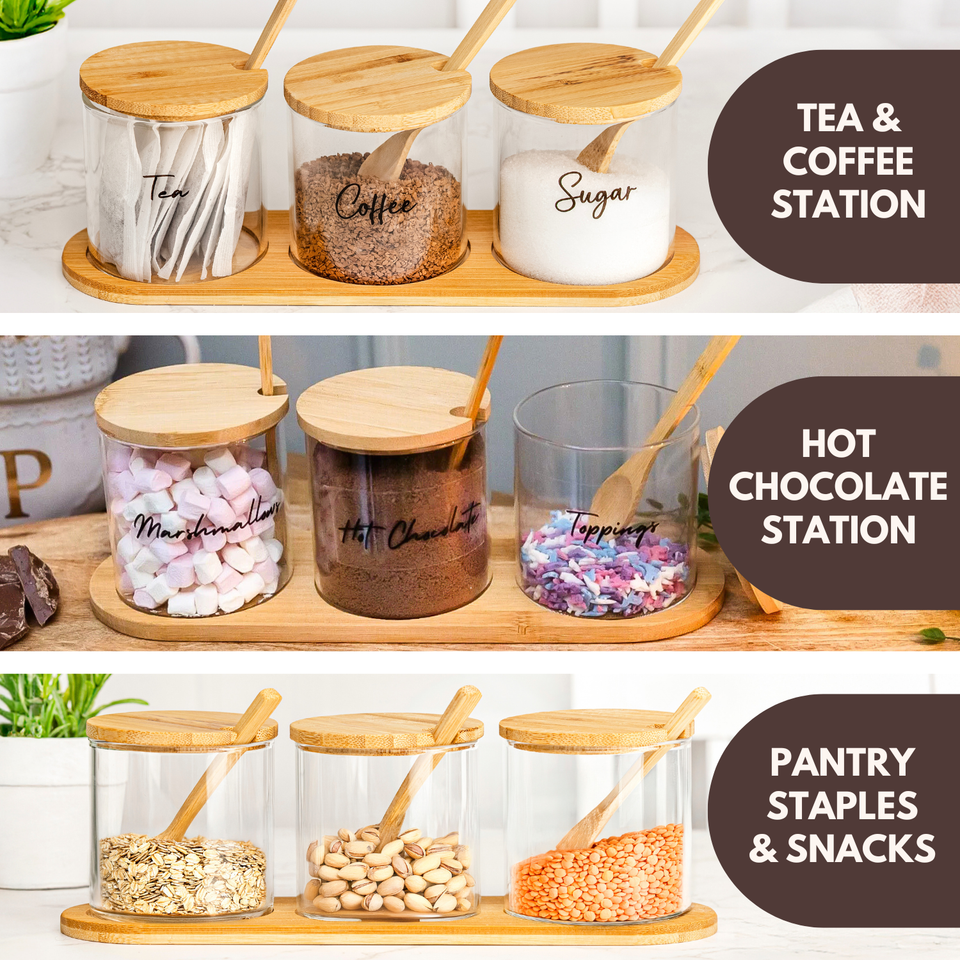 Hot Drinks Station Set 3pc Glass Jars Storage Wooden Lids Chocolate Tea ...