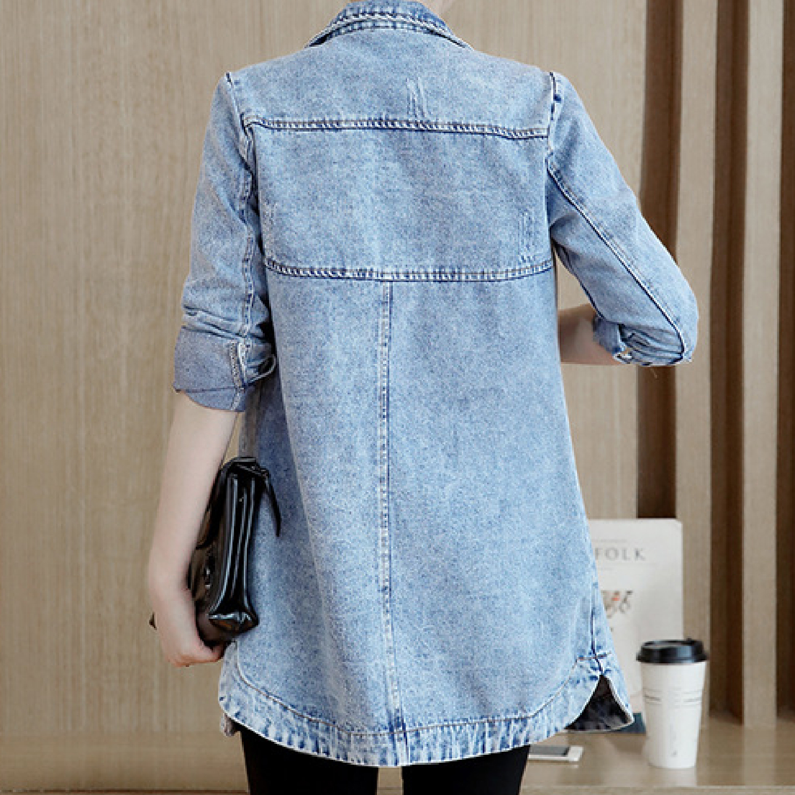 Jacket Coat Slim Fit Elegant Single Breasted Long Denim Jacket Shrink ...