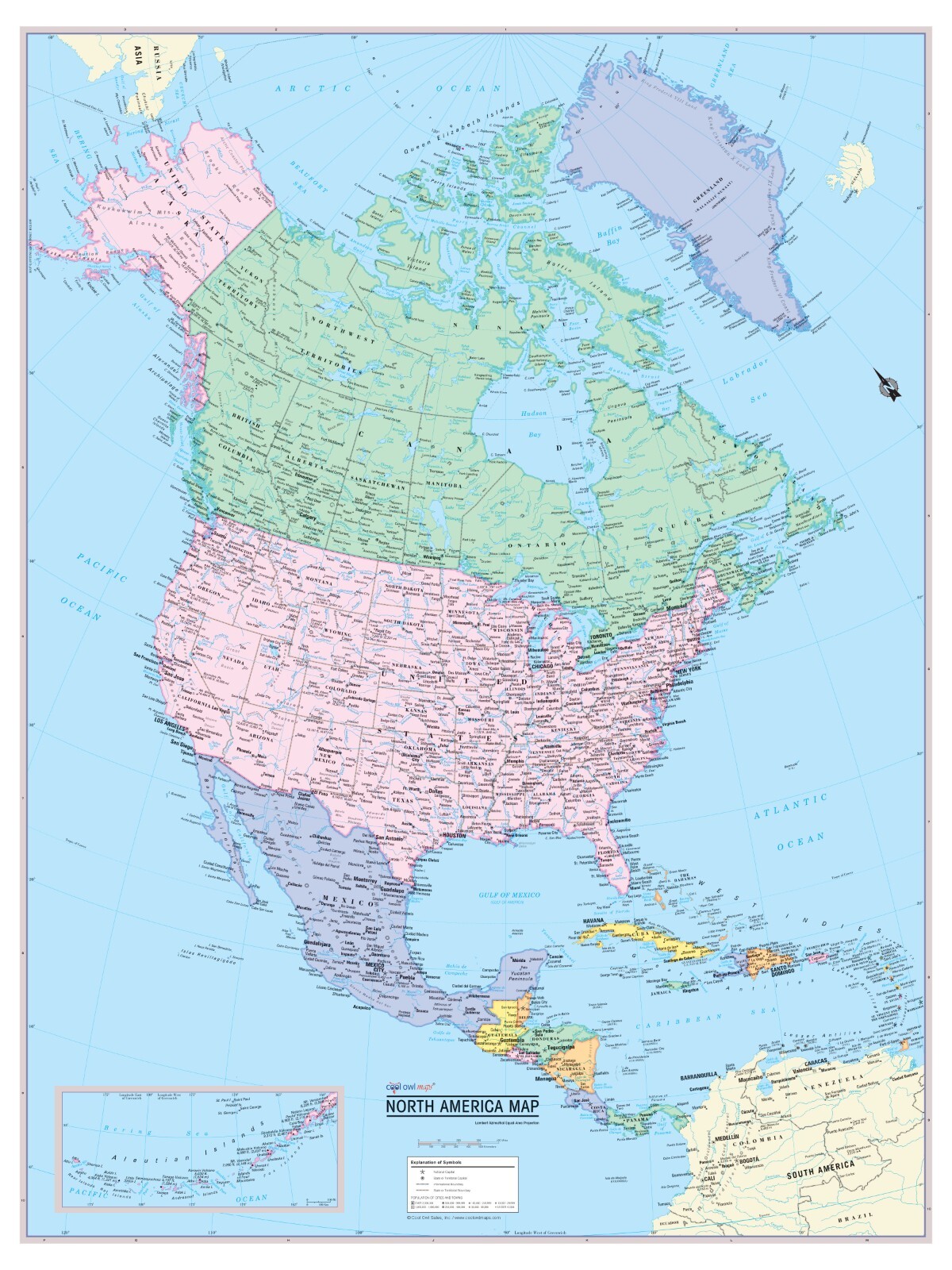 Cool Owl Maps North America Continent Wall Map Poster - Paper 30"x40 ...