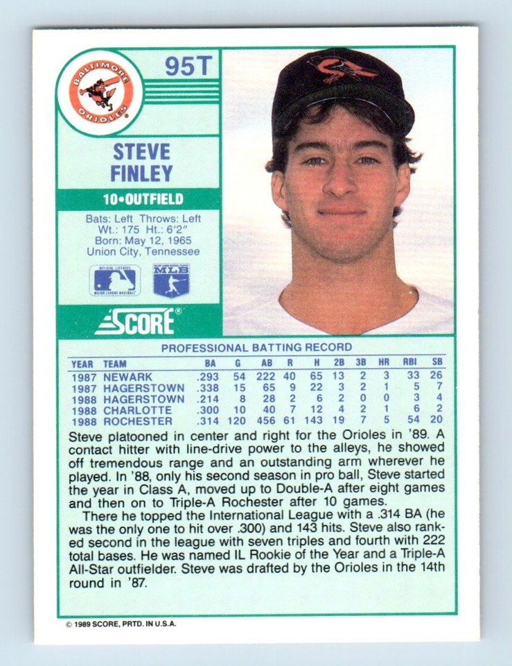 1989 Score Rookie & Traded Steve Finley Rookie Baltimore Orioles #95T ...