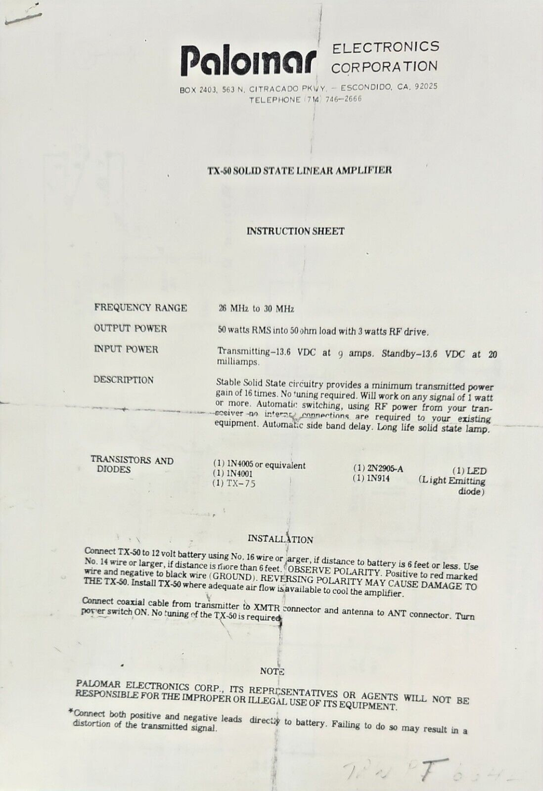 Vintage Palomar Model TX-50 Linear CB Amplifier Schematic and ...