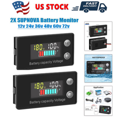 2PCS Battery Monitor Meter 12V 24V 36V 48V 60V 72V Capacity Tester With ...