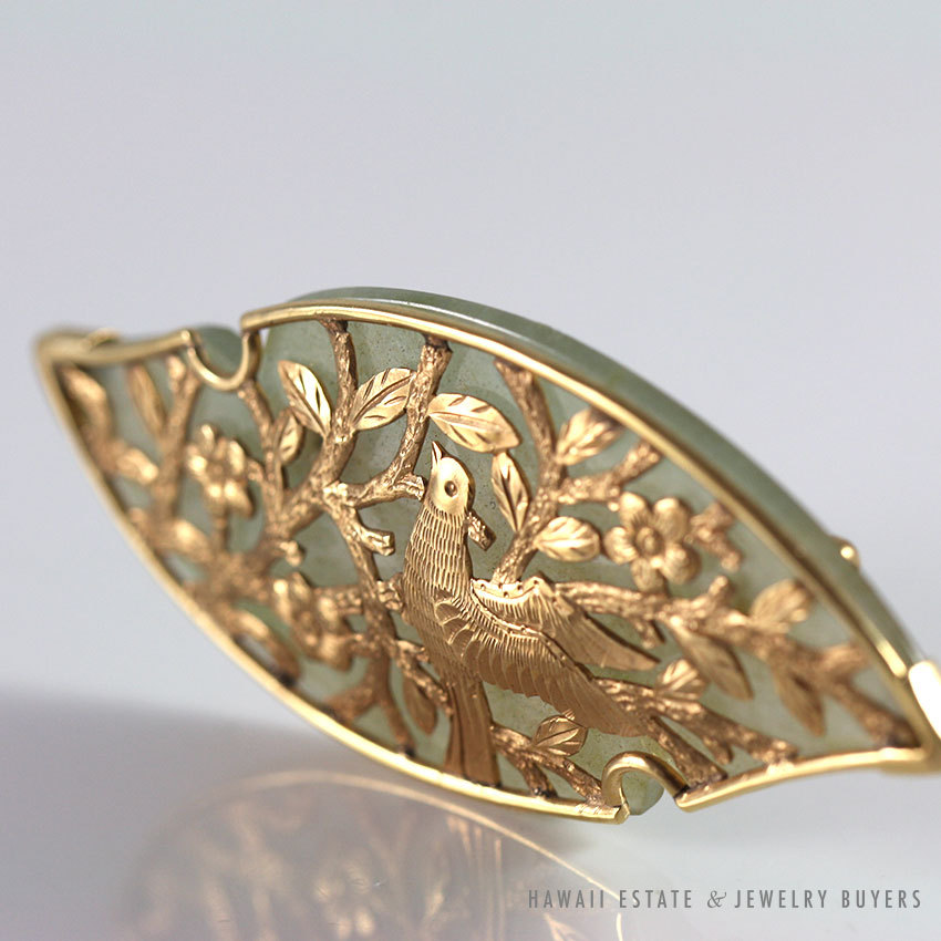 MING'S HAWAII GREEN JADEITE JADE OPEN BIRD 14K YELLOW GOLD BROOCH PIN W ...
