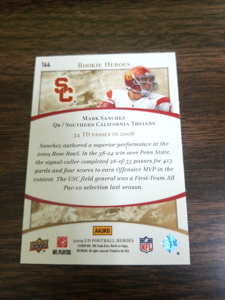 MARK SANCHEZ 2009 UPPER DECK HEROES NFL CARD #144 USC/JETS (ROOKIE BASE ...