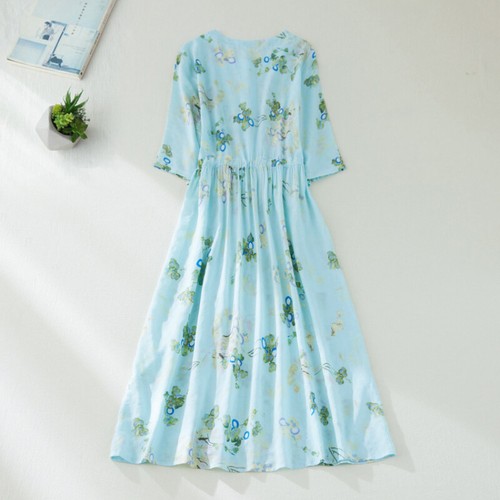 women Chinese Ethnic Dress Half Sleeve Floral Printed Drawstring Waist ...