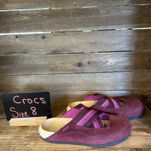 Womens Crocs Edie Magenta Suede Casual Comfort Slip On Mules Flats Size ...