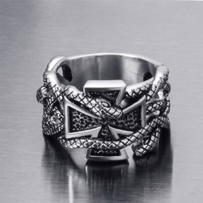 Men's Iron Cross Snake Serpent Silver Solid Stainless Steel Ring | eBay