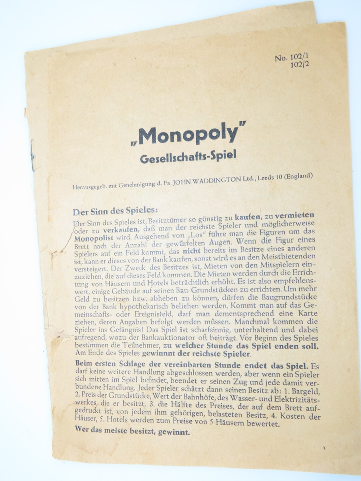 Vintage 1936 Monopoly Board Game Set 102/2 John Waddington German ...