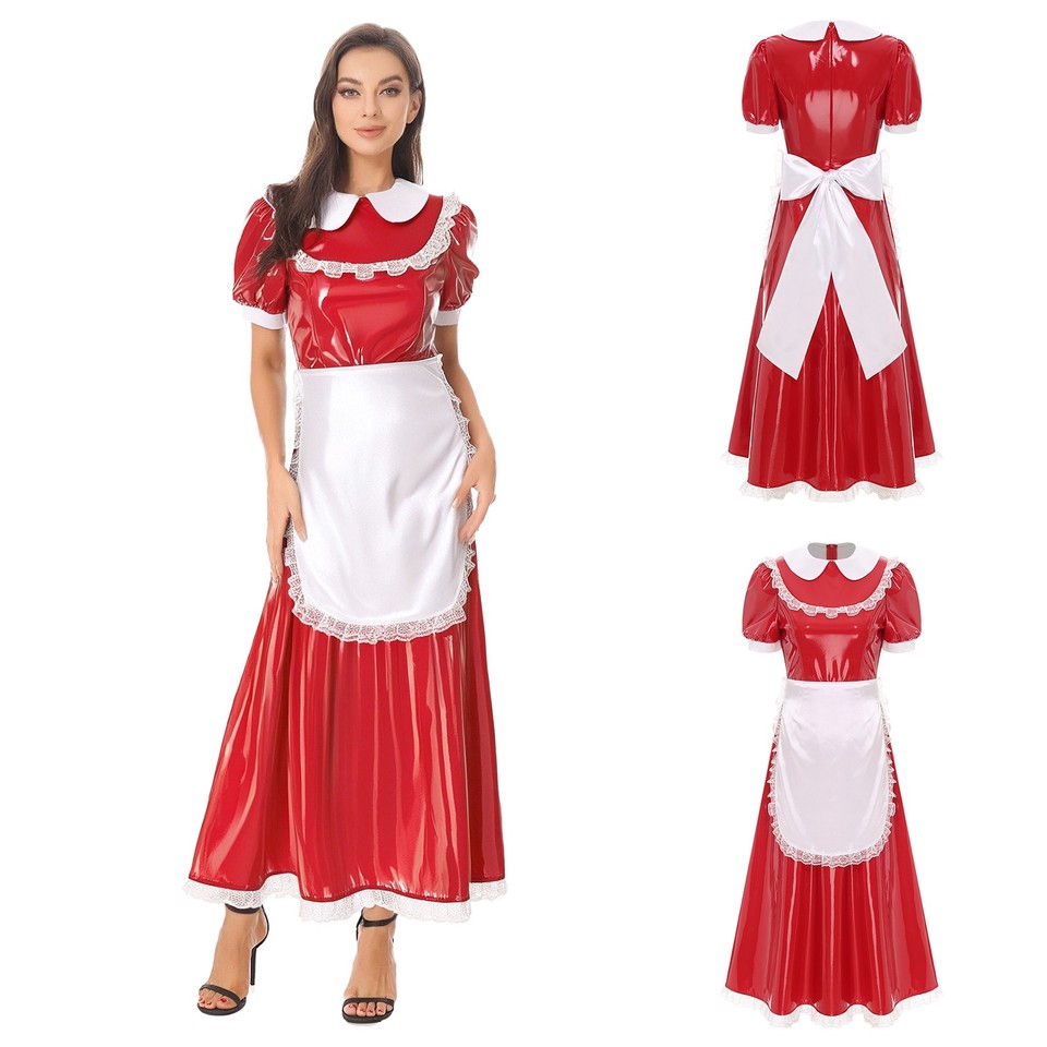 UK Womens French Maid Costume Lace Trim Cute Bow Collar Latex Dress ...