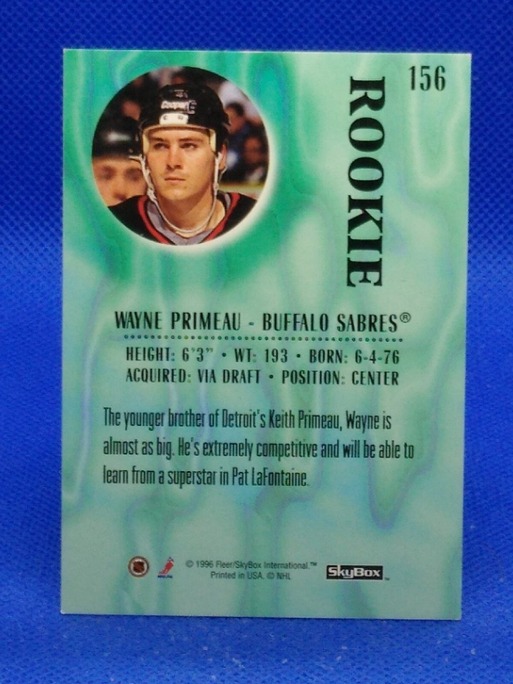 Wayne Primeau 1996 Skybox Impact Rookie #156 PERSONAL AUTOGRAPH Buffalo ...