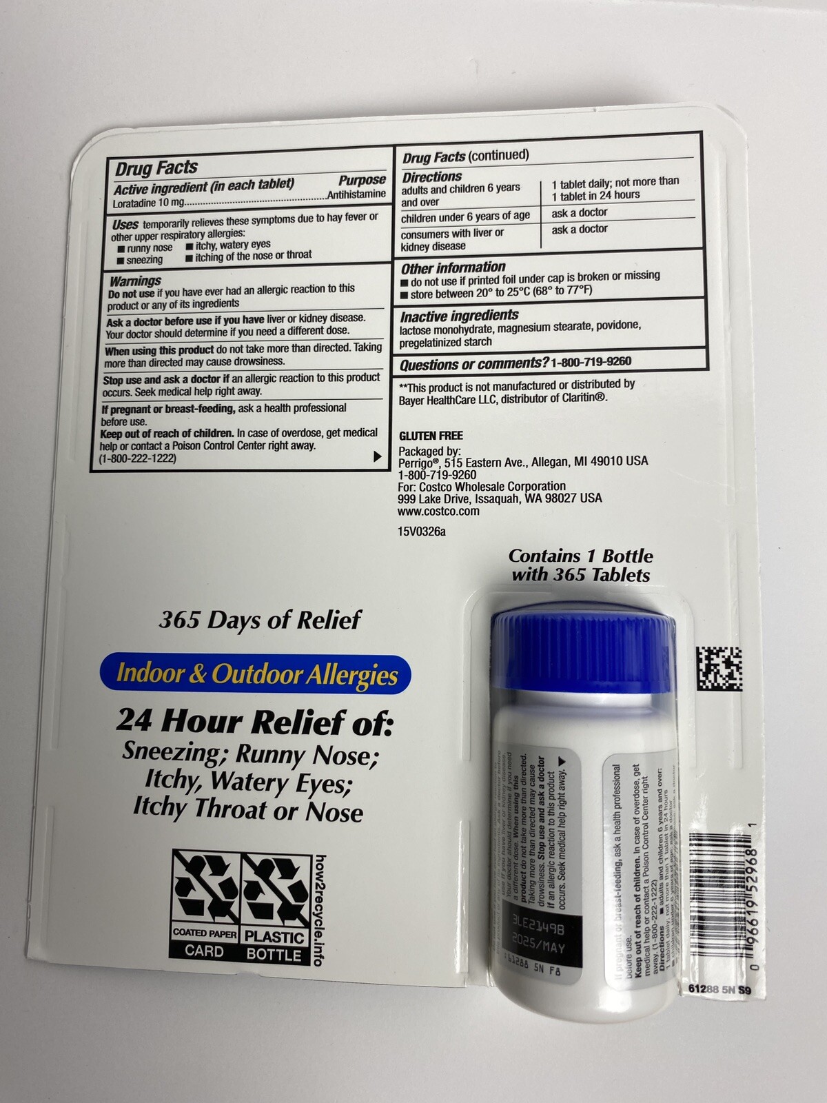 Kirkland Signature AllerClear Non-Drowsy Allergy Loratadine 10 mg 365 ...