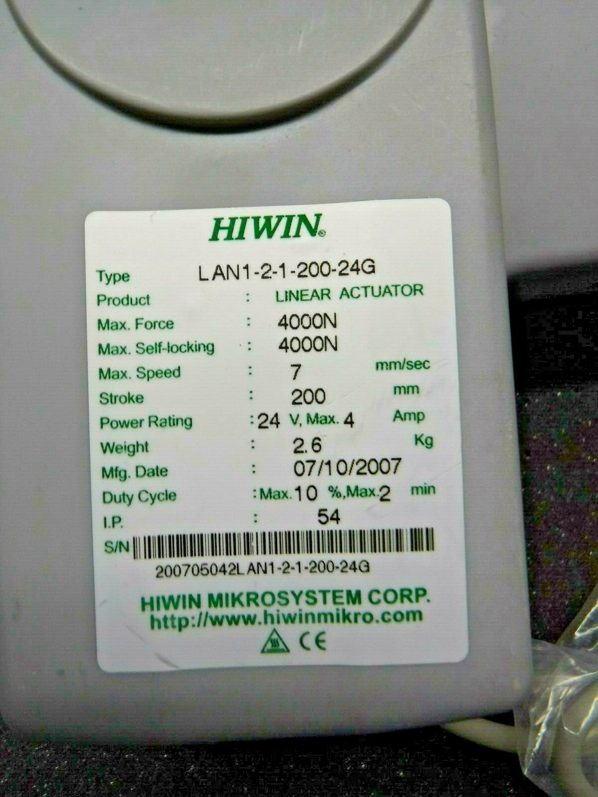 Hiwin LAN1-2-1-200-24G Linear Actuator Max Force 4000N, 7mm/Sec (24v ...