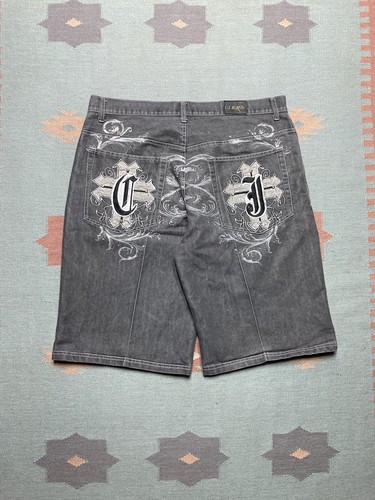 Vintage y2k baggy jeans shorts jorts embroidered black cyber mall goth ...