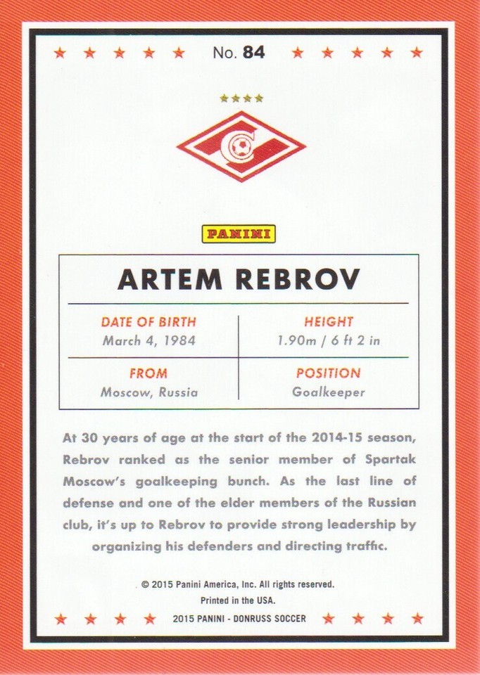 2015 Donruss Soccer Trading Card #84 Artem Rebrov Spartak Moscow | eBay