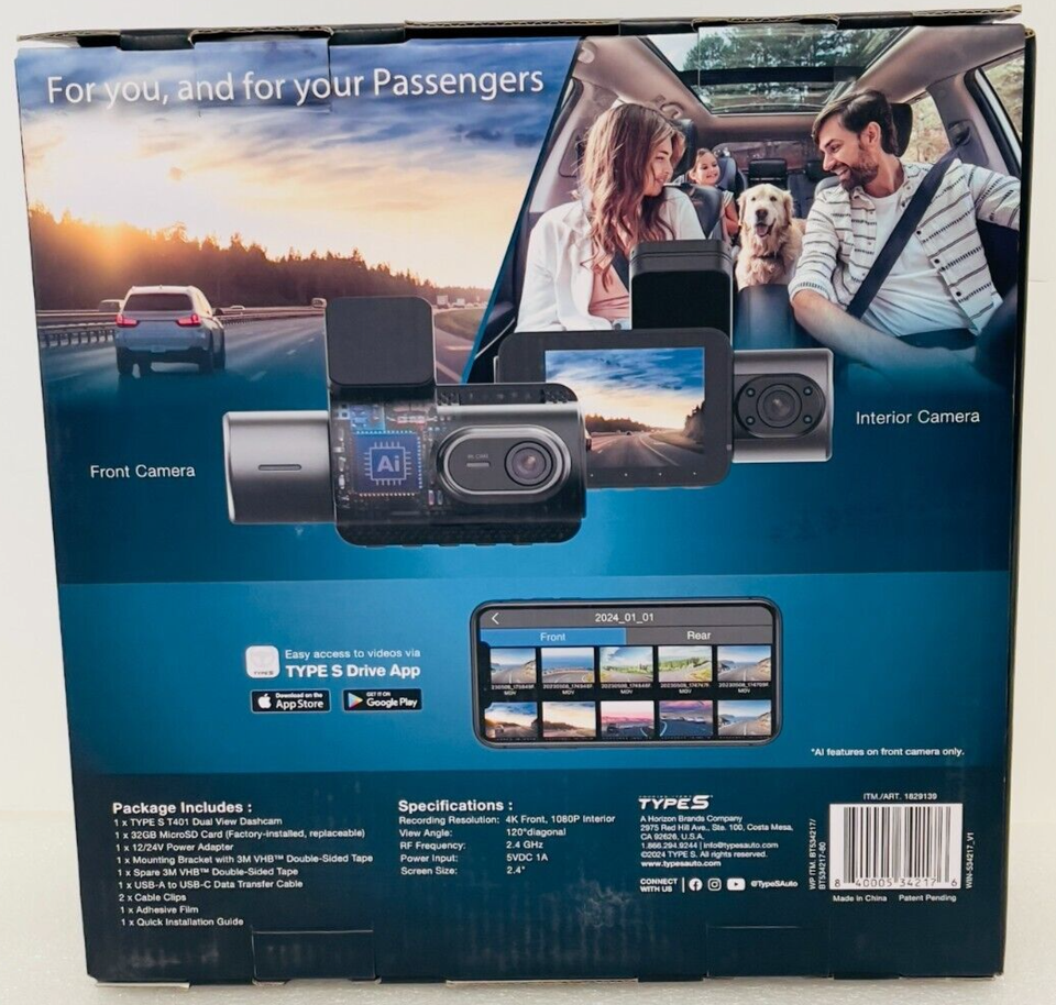 Type S T401 Dual View 4K Dashcam With AI Powered Driver Assistance OPEN ...