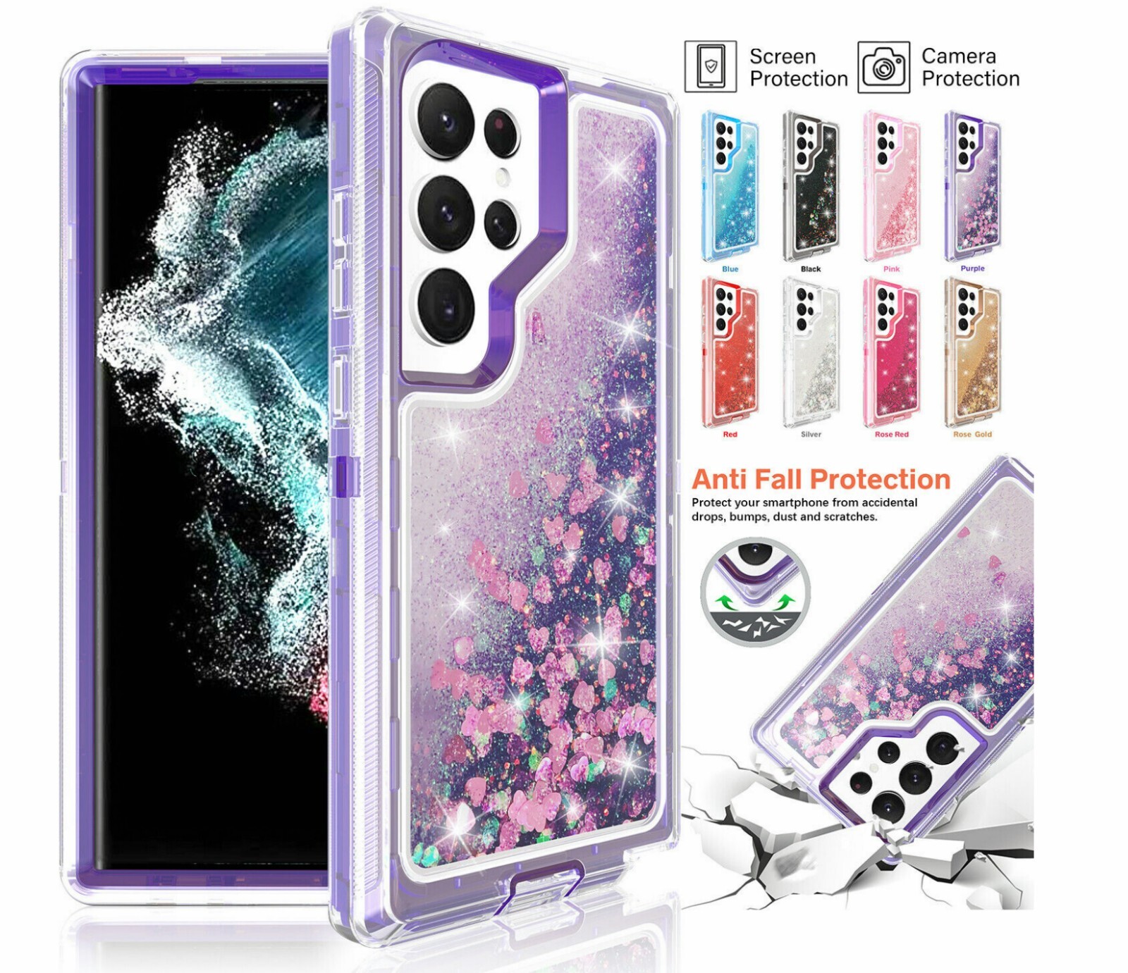 For Samsung S23 S21 S20 Note 20 Ultra Liquid Glitter Bling Defender ...