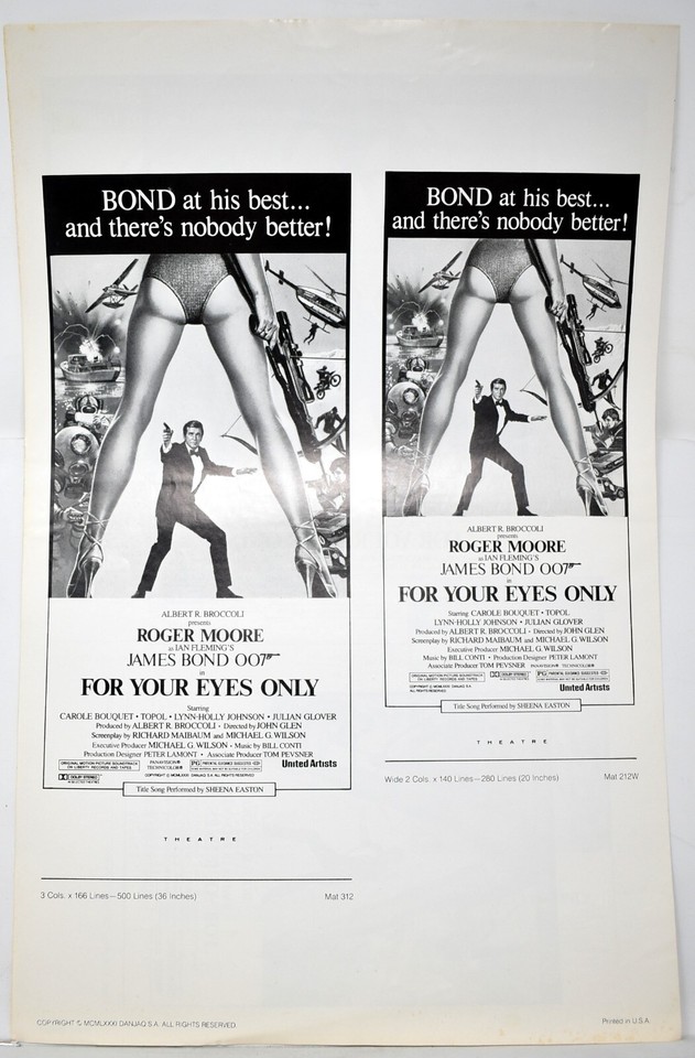 1981 For Your Eyes Only James Bond Agent 007 Roger Moore Carole Bouquet ...