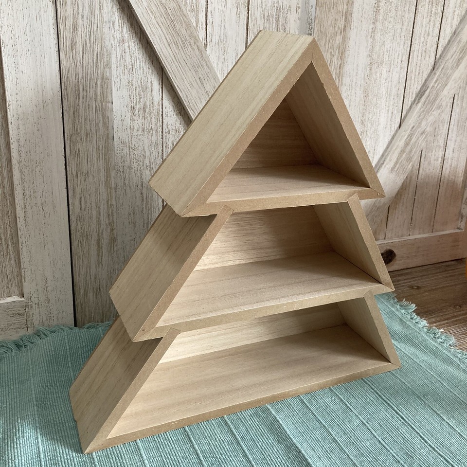 Wood Christmas Tree Shape Shelf Hanging Wall Shelf Display 3 Shelf ...