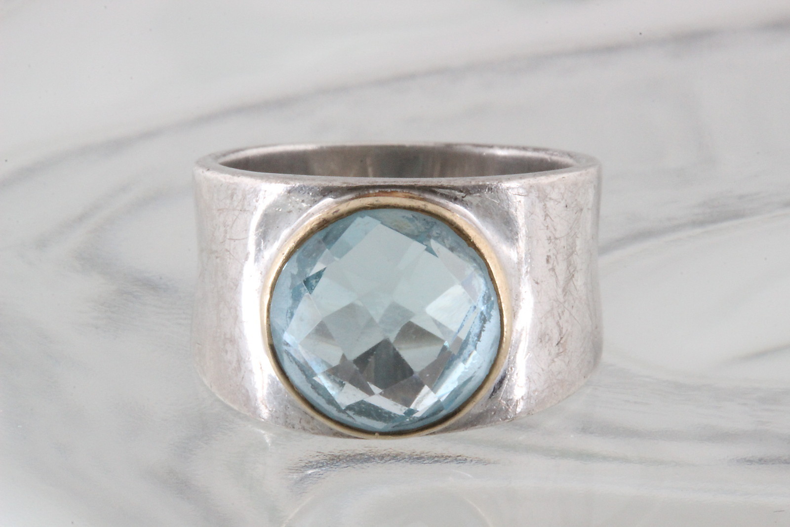 THAILAND ATR STERLING 14K TOPAZ BLUE FACETED CRYSTAL RING 925 SIGNED ...