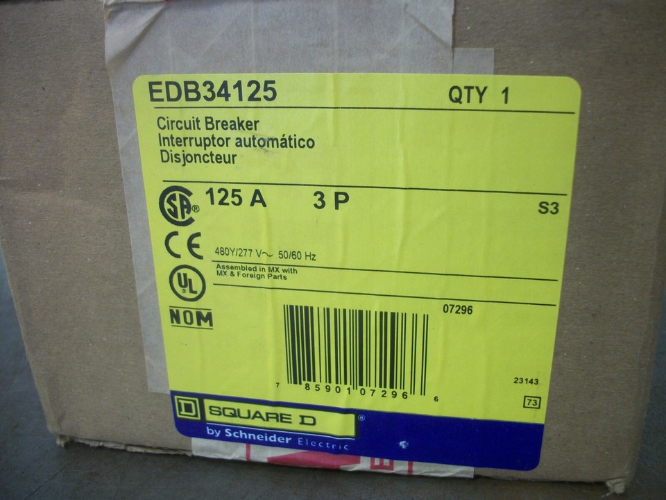 SQUARE D EDB CIRCUIT BREAKER EDB34125 125AMP 480VOLT 3POLE NIB | eBay