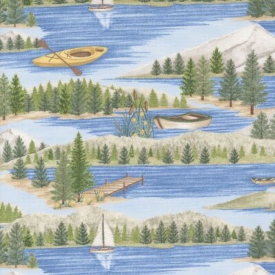 On Lake Time By Deb Strain For Moda - Sky Blue Lake Scene #56120-12 | eBay