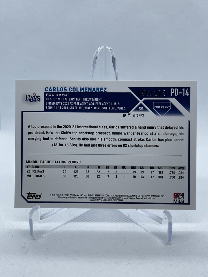 Carlos Colmenarez /175 2023 Topps Pro Debut Sparkle Foil #PD-14 Rays ...