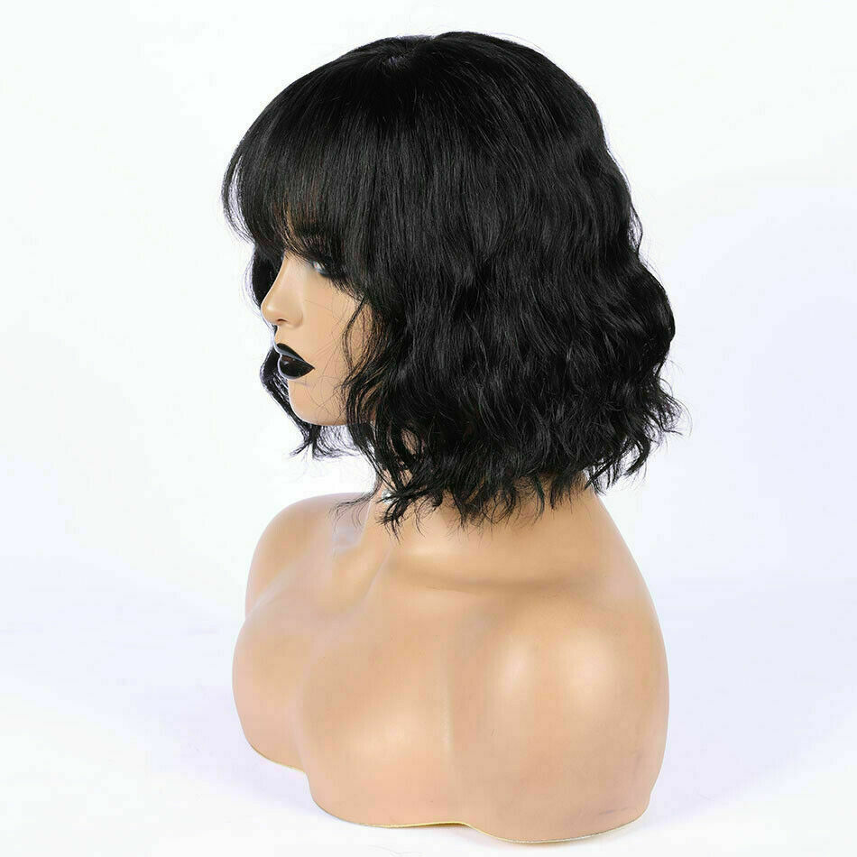 Short Human Hair Bob Wig with Bangs Virign Peruvian Wavy Full Machine ...