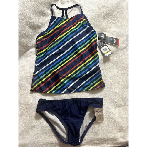 Speedo Girl's Size 14 Multi Stripe Navy Bikini Swimsuit 2 Pc Swim UPF ...
