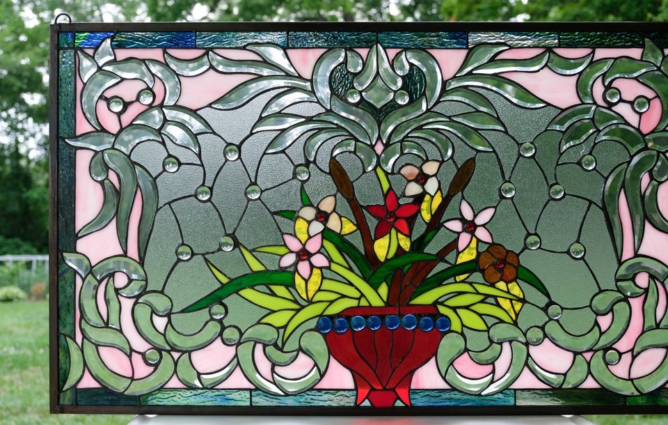 Tiffany Style stained glass window panel glass panel Flowers 34.5" x 20 ...