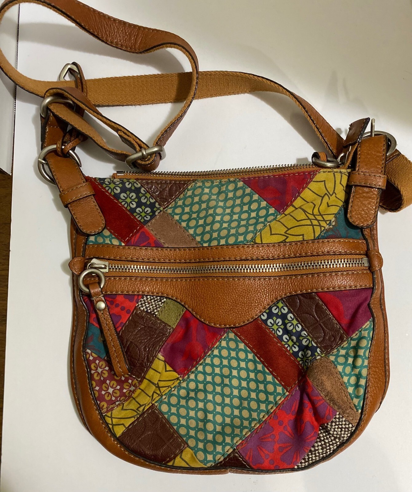 FOSSIL, MULTICOLOR PATCHWORK PURSE, W/LEATHER TRIM, ADJUSTABLE STRAP | eBay